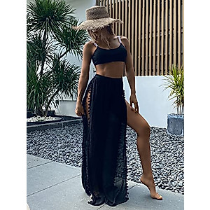 SheIn Women's Summer Beach Pants High Waisted Swimsuit Cover Up Pants Pom Pom Tassel Bikini Bottom Long Pants Medium Black