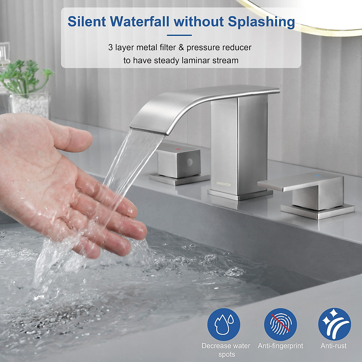 Brushed Nickel Bathroom Faucet 3 Hole, OMEKNTOP 8 Inch Waterfall Bathroom Faucet with Overflow Pop Up Drain and cUPC Hose, Two Handle Bathroom Sink Faucet for Basin Lavatory Vanity