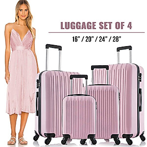 Apelila 4 Piece Luggage sets with Spinner Wheels Travel Suitcase Hard-shell Lightweight 16" 20" 24" 28" (Light Pink)