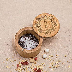 TENSITY Salt Box, Bamboo Storage Box with Magnetic Swivel Lid, Bamboo Seasonings Box with Mini Spoon (Celtic Knot)