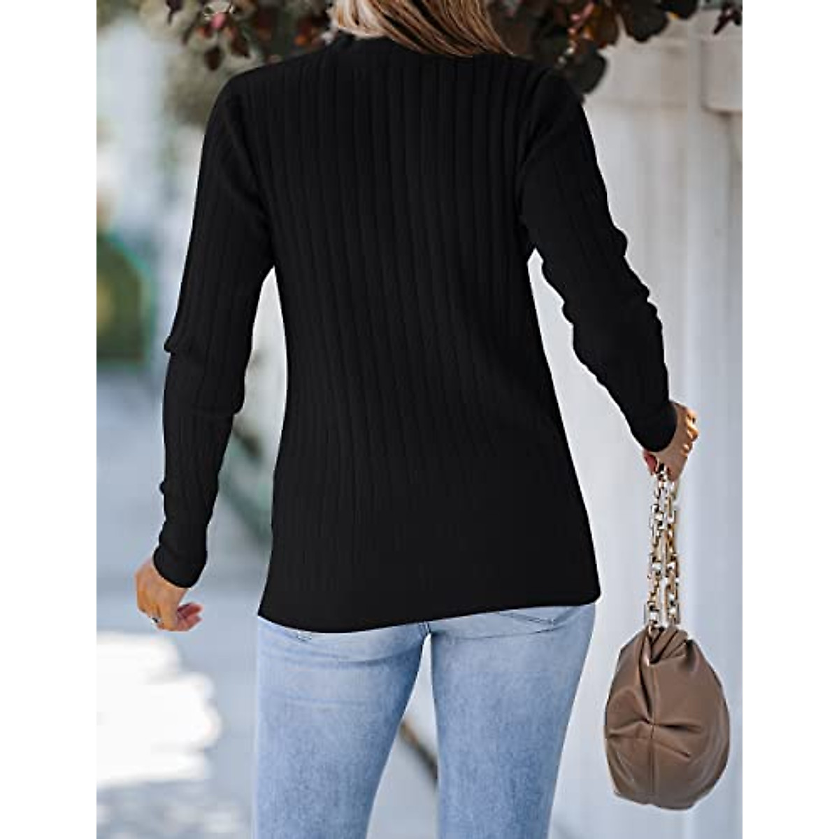 MEROKEETY Women's Long Sleeve V Neck Ribbed Button Knit Sweater Solid Color Tops Black