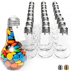 Plastic Light Bulb Jars Silver - 24pc Case - 100ml Clear - with Labels and String - Fillable with Candy, Ideal for Crafts