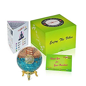 Orgonite Crystal Blue Aquamarine Crystal Ball with Stand for Positive Energy, E-emission Protection and Chakra Balancing –with Flower of Life Symbol to Promote Purpose, Serenity and Courage
