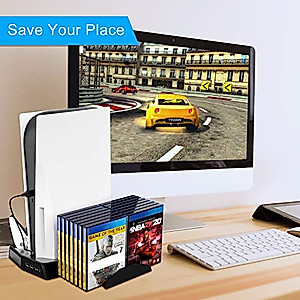 PS5 Charging Station with Cooling Fan, DualSense Controller Vertical Stand Dock for PS5 Console and Digital Edition, 3 USB Ports Retractable 14 Game Slots Storage Bracket for PlayStation 5 Accessories