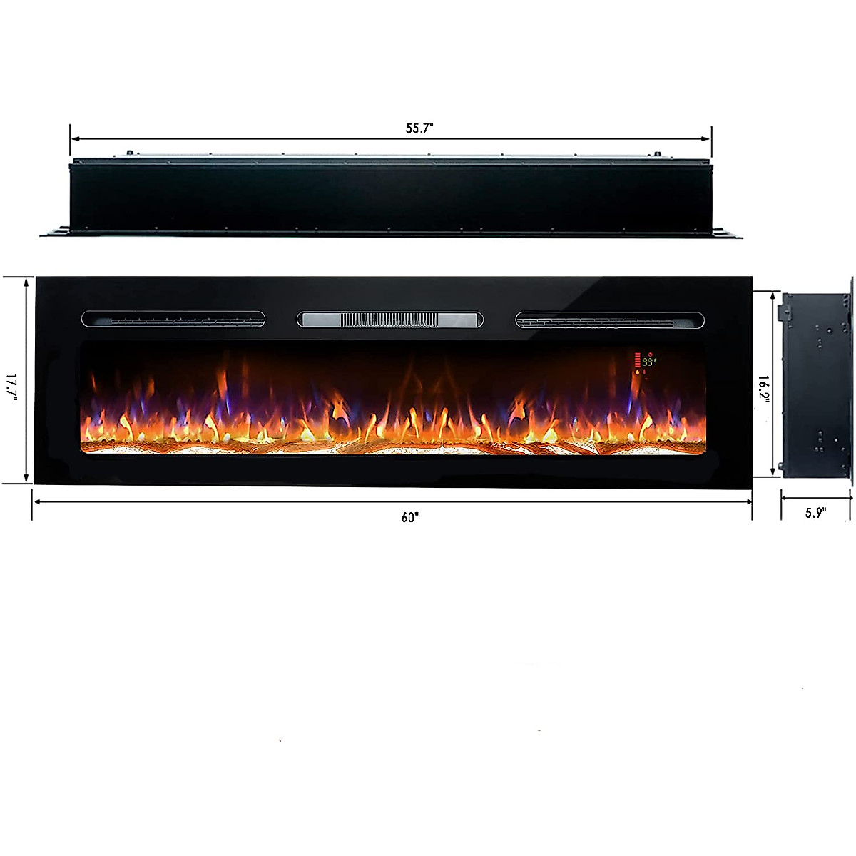 GOOD & GRACIOUS Electric Fireplace,1500W Recessed & Wall Mounted Electrical Fireplace with Bracket, Ultra Thin, Low Noise, Remote Control, Timer, Logset & Crystal, Adjustable Flame Color, Black, 60"