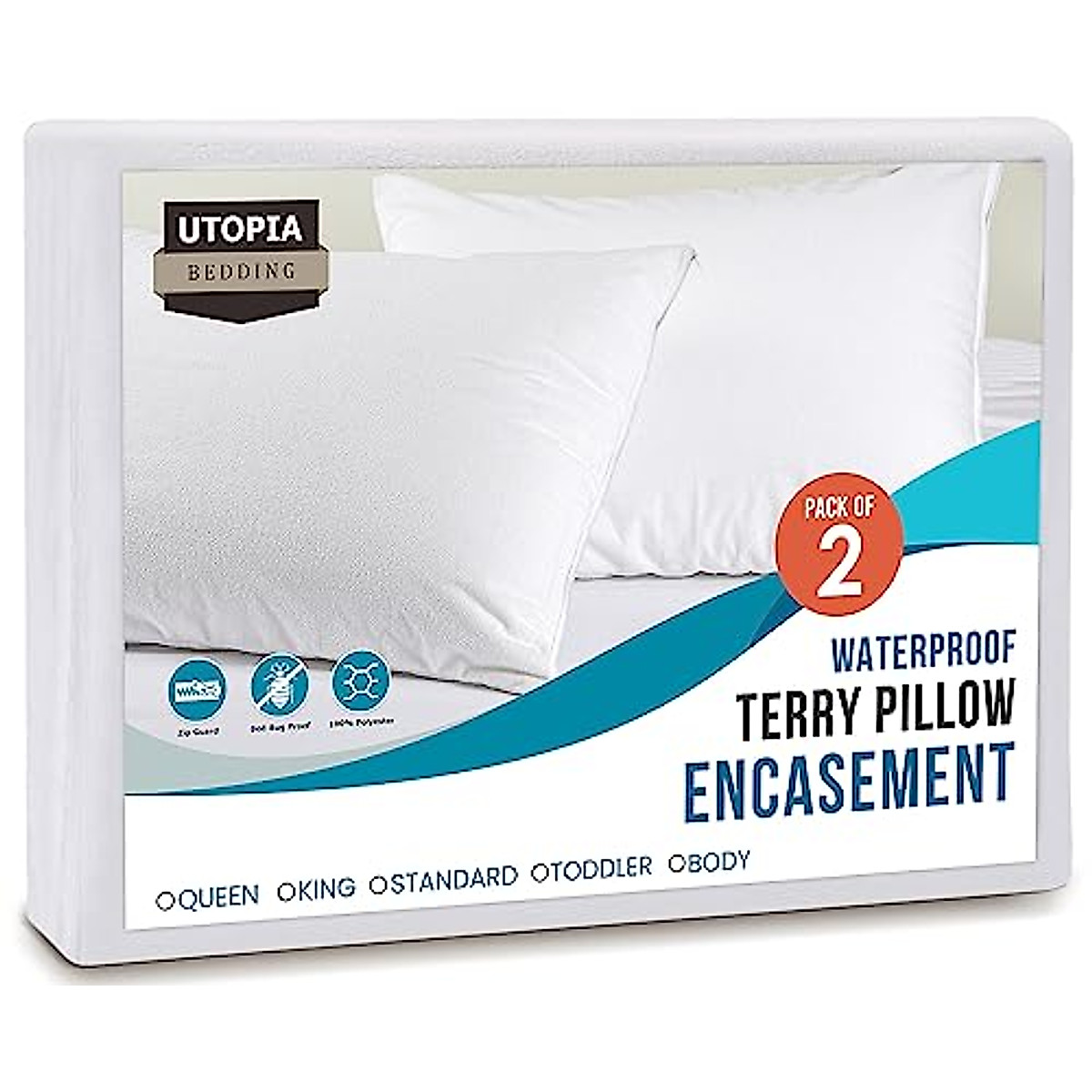 Utopia Bedding Pillow Protectors with Zipper Queen (2 Pack), White, Waterproof Terry Pillow Encasement, Bed Bug and Dust Mite Proof Pillow Covers