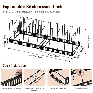 Housolution Pot Lid Organizer, Upgraded Expandable Pot and Pan Organizer with 14 Adjustable Deeper U-Shaped Dividers, Pot and Pan Storage Rack Lid Holder for Cabinet, Black