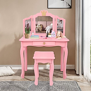 VALUE BOX Kids Vanity Table and Chair Set, 2 in 1 Princess Makeup Dressing Table with Drawer & Tri-Folding Mirror, Child Pretend Beauty Play Vanity Set for Girls