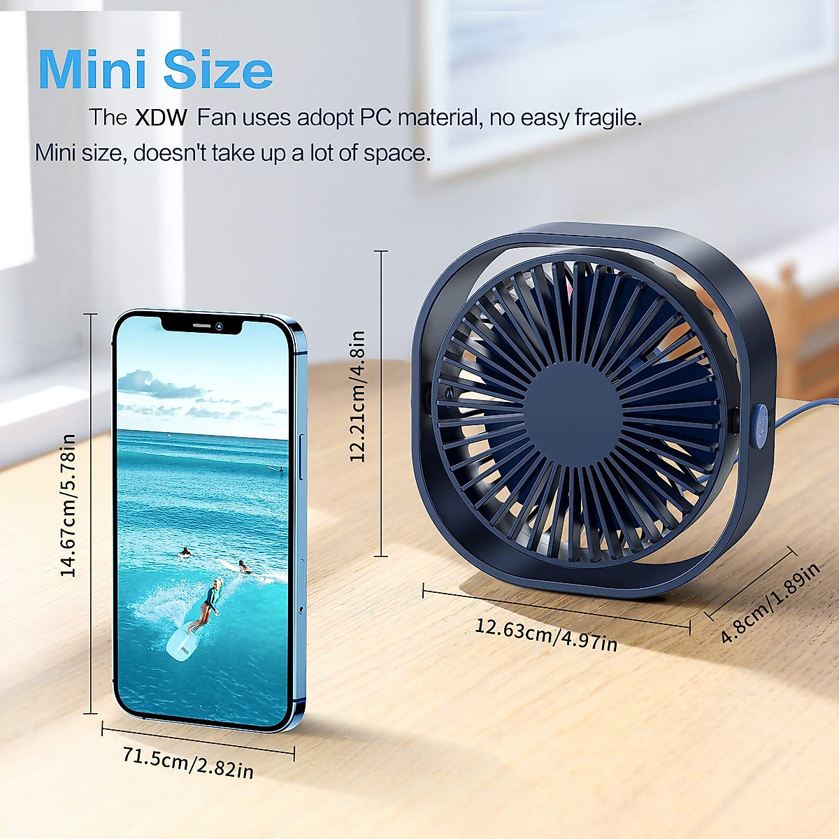 XDW Usb Fan Small Personal USB Desk Fan,3 Speeds Portable Desktop Table Cooling Fan Powered by USB,Strong Wind,Quiet Operation,for Home Office Car Outdoor Travel (Navy Blue)