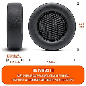 WC Upgraded Replacement Earpads for Corsair Virtuoso Gaming Headset Made by Wicked Cushions | Improved Durability, Thickness, Softer Leather, and Sound Isolation | Black