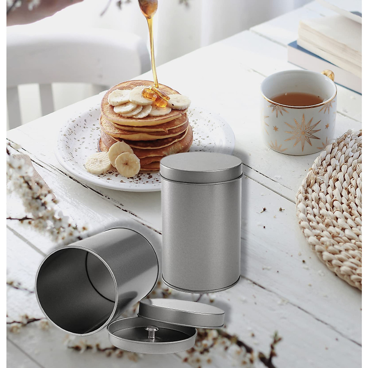 Yesland 6 Pack Tea Tin Canister with Airtight Double Lids, 12 Oz Tin Can Box and Small Round Kitchen Canisters for Loose Tea, Coffee, Candy, Herbs and Spices(Silver)