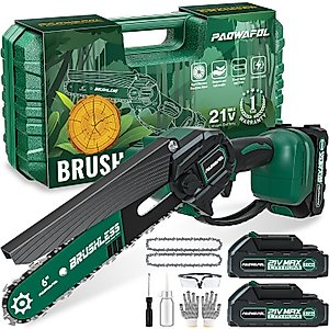Mini Chainsaw Brushless 6 Inch Cordless-2 Batteries Powered Chain Saw Electric Chain Saws-Handheld Rechargable Batteries Small Hand Saws With 2 Chains Power Operated for Tree Trimming Graden Pruning