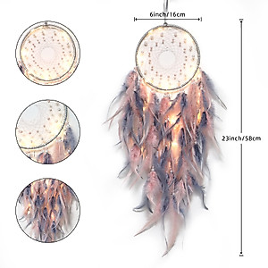 KHOYIME LED Dream Catcher Light Up Handmade Feather Dreamcatchers Boho Wall Hanging for Girls Kids Bedroom Bohemian Home Decor Wedding Ornament Craft Gift (Pink&Grey)
