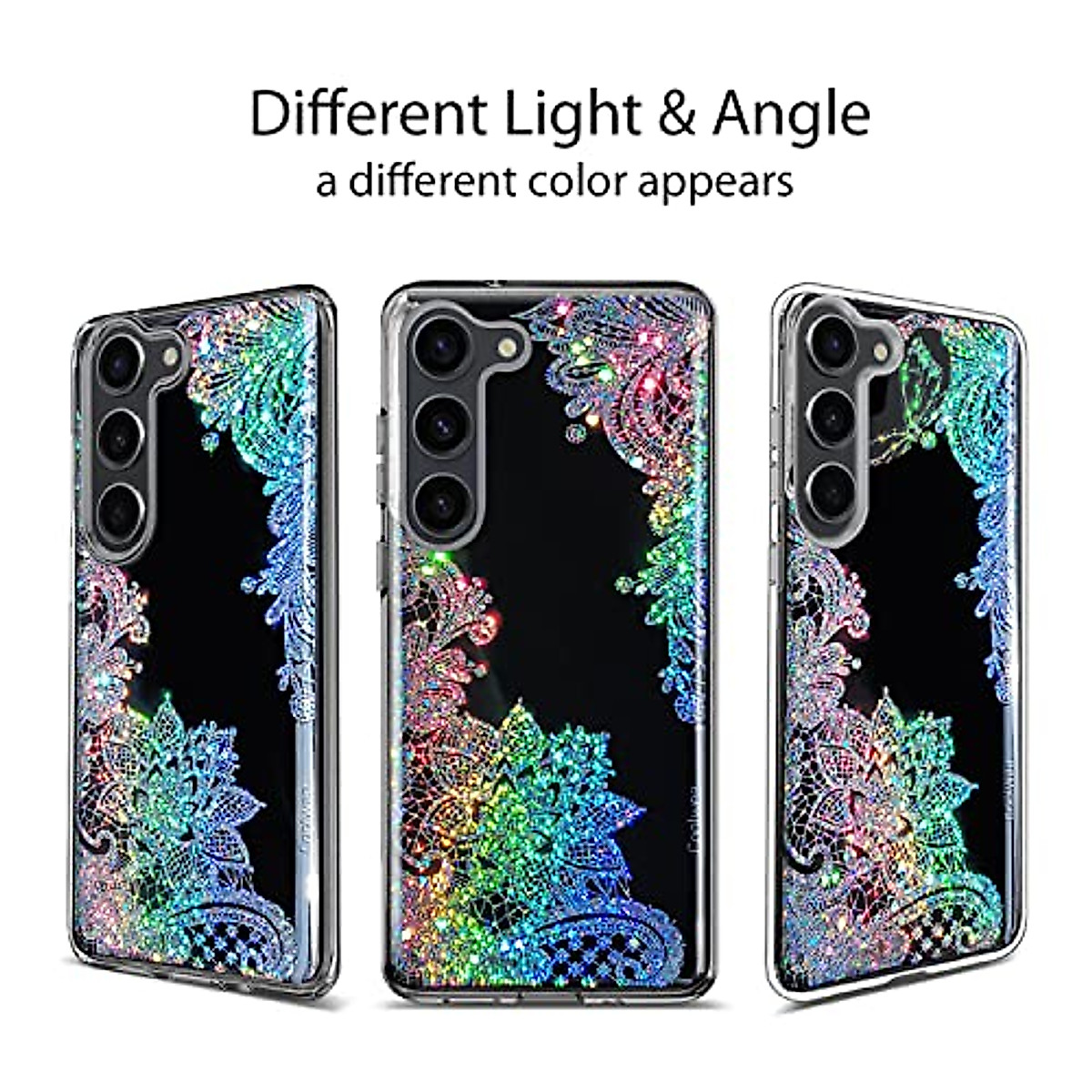 Coolwee Clear Glitter for Samsung Galaxy S23 Plus Case Thin Flower Slim Cute Crystal Lace Bling Sparkle Floral Hard Plastic Cover Back Soft TPU Bumper Protective Mandala Henna Anti Yellowing