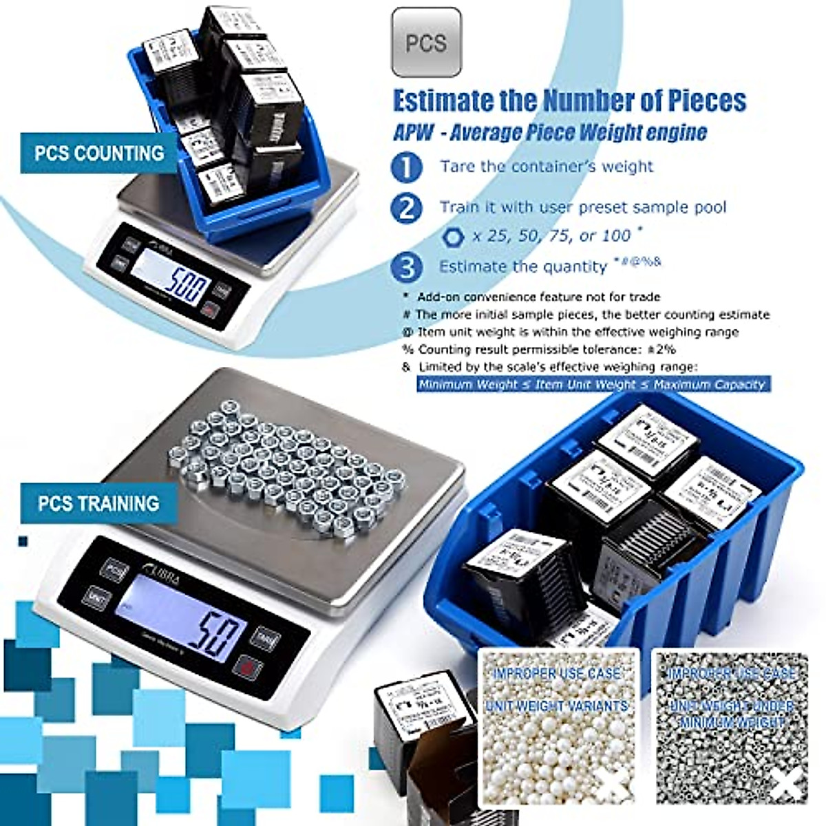 110 lb (50 kg) Digital Postal Scale, Piece Counting, Wide Stainless Steel Pan, AC Adapter, Backlit LCD, Multiple Weight Unit, Capacity: Max 50 kg (110 lb), MIN 5 g (0.2 oz), Division 1 g / 0.1 oz