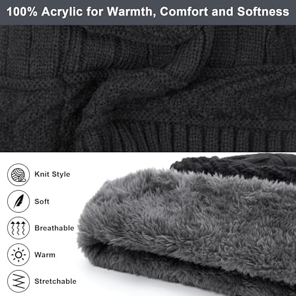 3 Pcs Boys Girls Winter Beanie Hat Scarf Gloves Set Thick Knitted Warm Toddler Winter Hat Mittens Neck Warmer for Kids Black