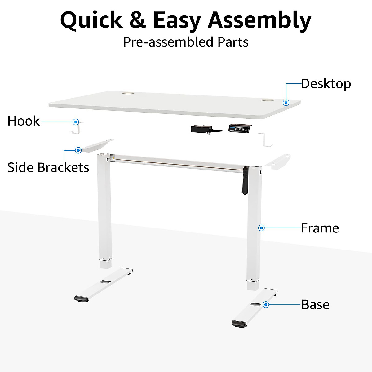 MOUNTUP Height Adjustable Electric Standing Desk Whole-Piece, 48 x 24 Inches Quick Assembly Sit Stand Desk, Stand Up Desk with Memory Controller, Ergonomic Desk, White