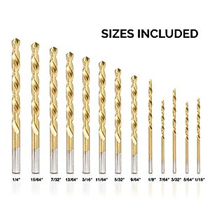 NEIKO 10038A Left-Hand Drill-Bit Set, High-Speed Steel Drills with Titanium Nitride Coating, Reverse-Twist Drill Bits, SAE Sizes, 13-Piece Set