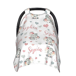 Personalized Cute Elephant Pink Baby Car Seat Canopy for Babies with Name, Custom Car Seat Covers for Girls, Peekaboo Opening Minky Nursing Breastfeeding Cover Infant Car Seat Canopies for Newborn