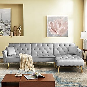 Hommoo 110” Modern Reversible Sectional Couch for Living Room Velvet L Shaped Couch with Removable Ottoman Nailhead Trim 3 Seater Sofa with Metal Gold Legs Light Gray