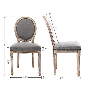 Kmax Farmhouse Dining Room Chairs, French Distressed Bedroom Chairs with Round Back, Elegant Tufted Kitchen Chairs, Set of 2, Gray