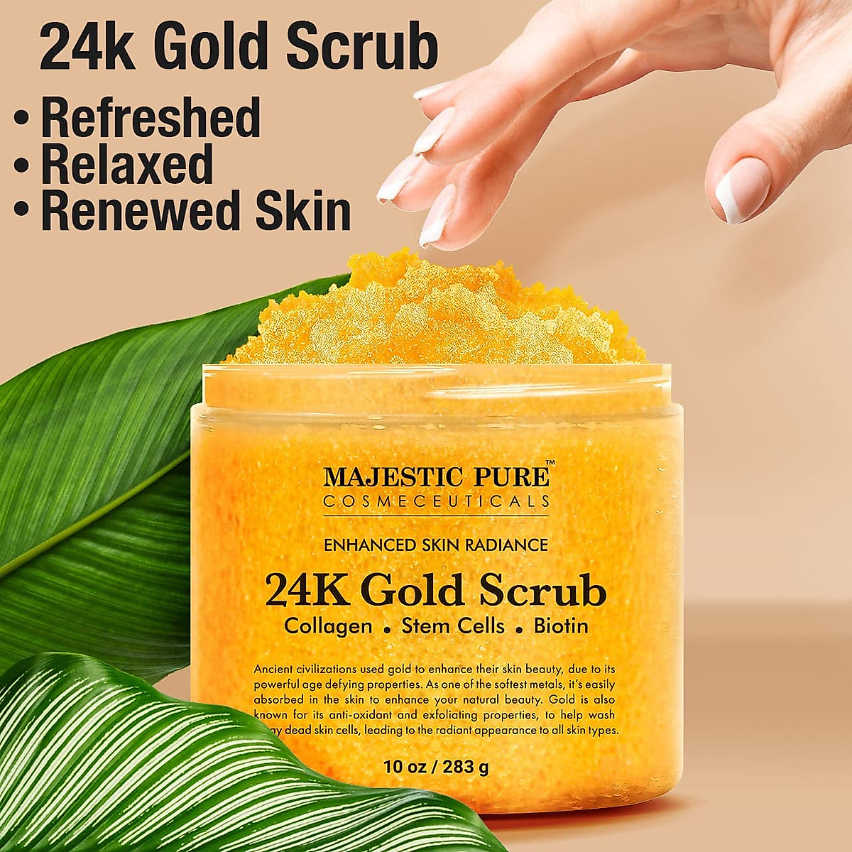 MAJESTIC PURE 24k Gold Scrub with Collagen and Biotin | Exfoliating Body Scrub for Skin Care, Stretch Marks, Acne, Cellulite | Body Scrub Exfoliator |10 oz