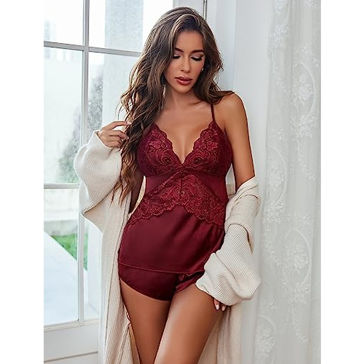 Avidlove Satin Pajamas Set Women Lace Sleepwear Lingerie Cami Shorts Set Nightwear Dark Red