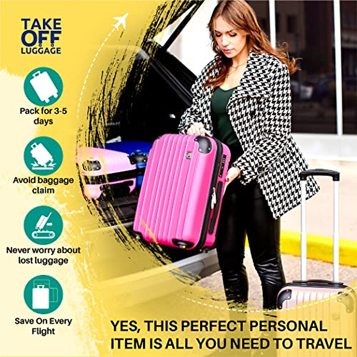 Take OFF Luggage 18 inch Hardshell Carry On Suitcase that Converts into Underseater Luggage with Removable Spinner Wheels for Airline Personal Item Use Requirements, 18 x 14 x 8 Inches - Hot Pink