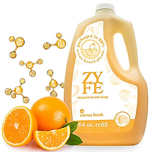 ZYFE Vitamin Hand Soap Refill - Liquid Hand Soap - Natural Plant Derived Moisturizing Handsoap with Essential Oil Fragrance Citrus Bask - Soft Hand Wash for Kitchen & Bathroom - Lush Soft Soap 64oz