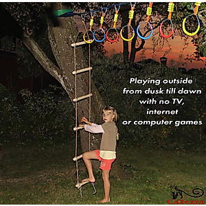 Wooden Rope Ladder for Kids with Ground anchoring - Lenght 6.5'(2m) Width 16"(40cm) - Outdoor or Indoor Climbing Rope Ladder for Ninja Slackline, Backyard, Playground, Home Gym, Park, Treehouse