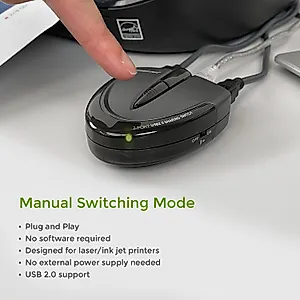 IOGEAR 2 Port USB 2.0 Switch - Auto Printer Switch - Manually or Auto Control - LEDs Indicate - Plug n Play - GUB231