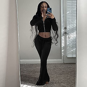 Wryran Velour Tracksuits Womens 2 Piece Lounge Outfits Zip Up Cropped Jacket Velvet Track Suits Y2K Sweatshirt and Flared Sweatpants with Pockets Matching Set Black Medium