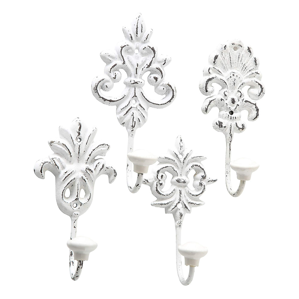 WHW Whole House Worlds Chateaux Fleur De Lis Wall Hooks, Set of 4, Shabby Distressed Finish, French Country Style,Rustic White, Cast Iron, Vintage Inspired, Porcelain Caps, Each 6 3/4