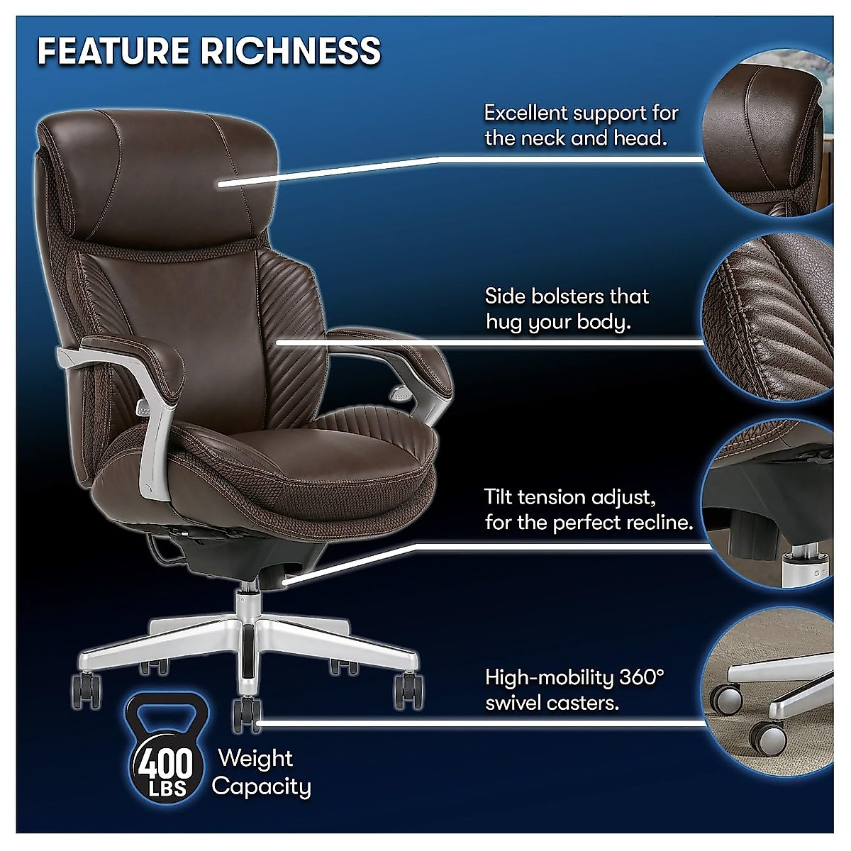 Serta iComfort i6000 Series Big & Tall Ergonomic Bonded Leather High-Back Executive Chair, Brown/Silver