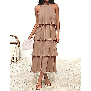 ZESICA Women's 2023 Summer Sleeveless Halter Neck Ruffle Tiered Layed Chiffon Flowy Swing Long Midi Dress,Khaki,Large