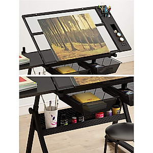 VejiA Drafting Table with Storage, Height Adjustable Tiltable Art Desk, Glass Panel Drawing Desk, for Work Study Painting Craft Table