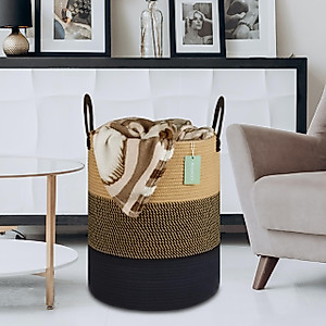 BOSROTY Nursery Hamper, Large Blanket Basket, Tall Laundry Basket 65L, Laundry Hamper, Clothes Basket Laundry, Large Storage Basket, Cotton Rope Basket, Toy Basket, 16”x 20”, Brown & Black