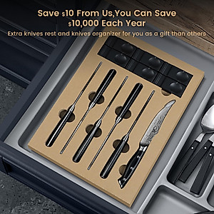 CoquusAid Steak Knives Set of 6, 4.8 Inch Non Serrated Razor-Sharp Durable Dinner knives with Rest, German Stainless Steel Damascus Pattern Full Tang Forged, Rust Resistant & Easy to Maintain