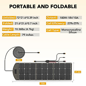TISHI HERY Solar Panels, 180w 18v Portable Solar Panel Kit for Power Station, Foldable Solar Cell Solar Charger with MC-4 High-Efficiency Battery Charger for Outdoor Camping Van RV Trip