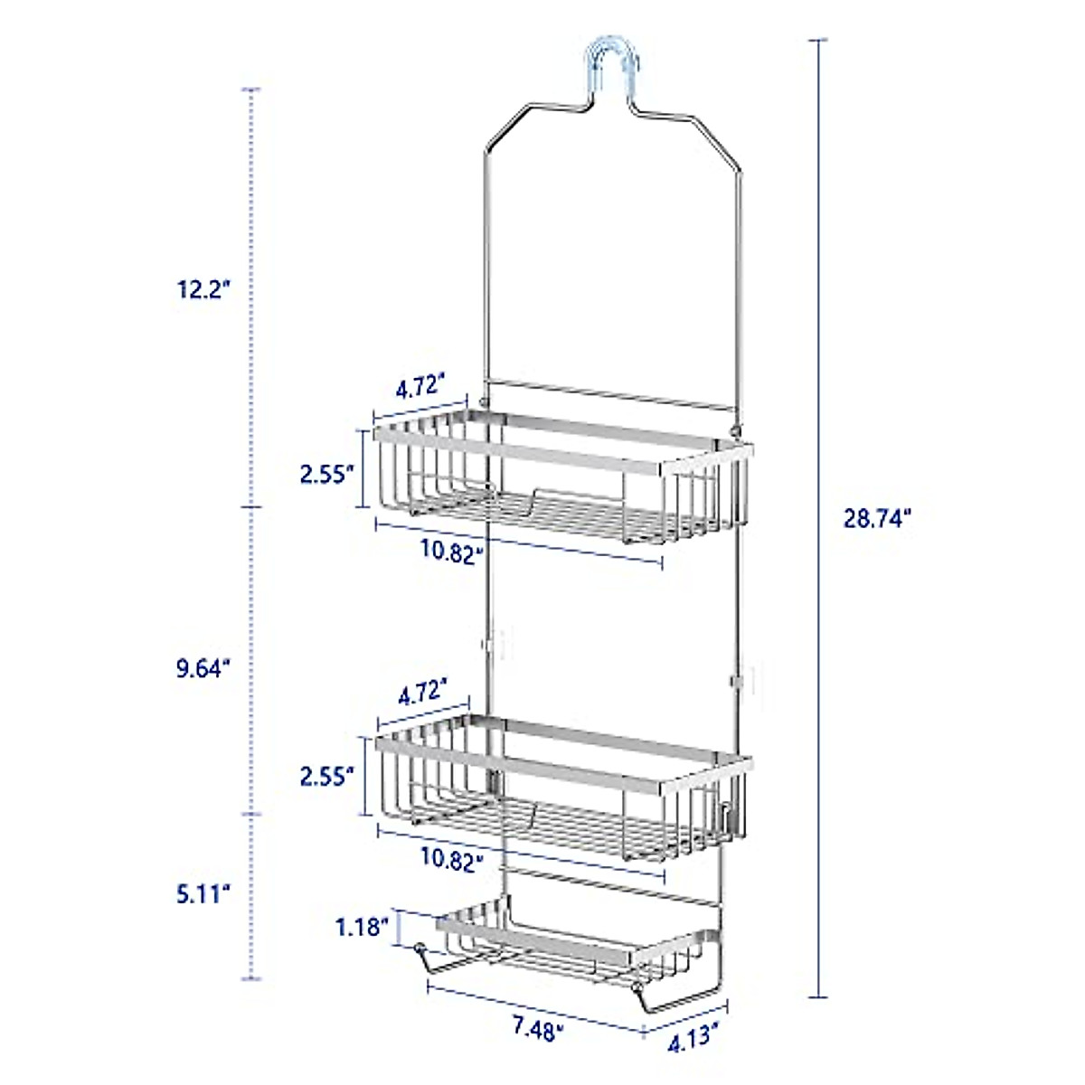 Elbourn Shower Caddy Over Shower Head, Bathroom Hanging Shower Organizer with Hooks, SUS201 Stainless Steel Shower Storage Rack 3 Shelves for Shampoo, Soap and Razor - Silver