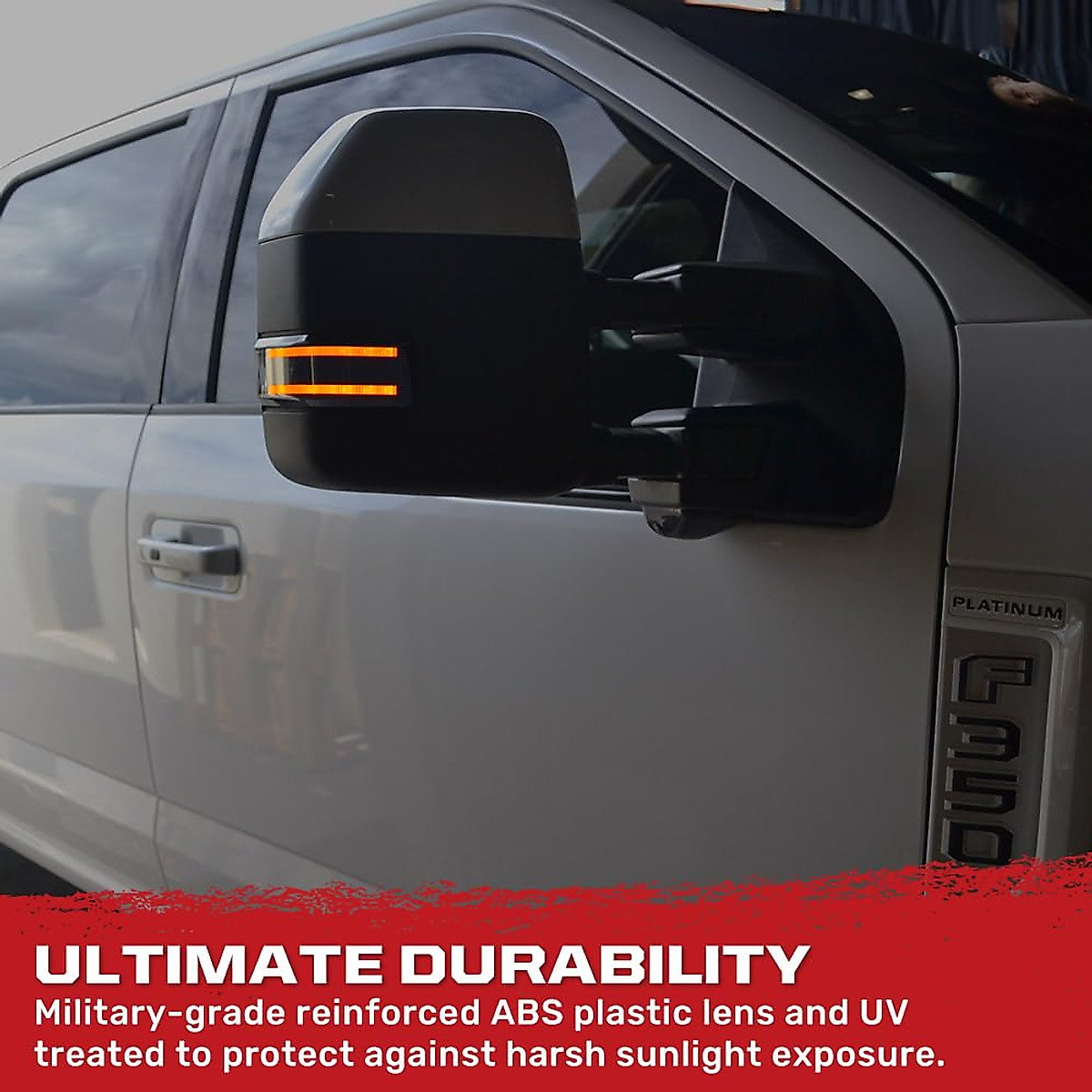 RECON Ford 17-24 Super Duty F250/F350/F450 Side Mirror Lenses (2-Piece Set) w/Amber LED Running Lights, Amber Blinking LED Turn Signals & White LED Spot Lights - Smoked Lens