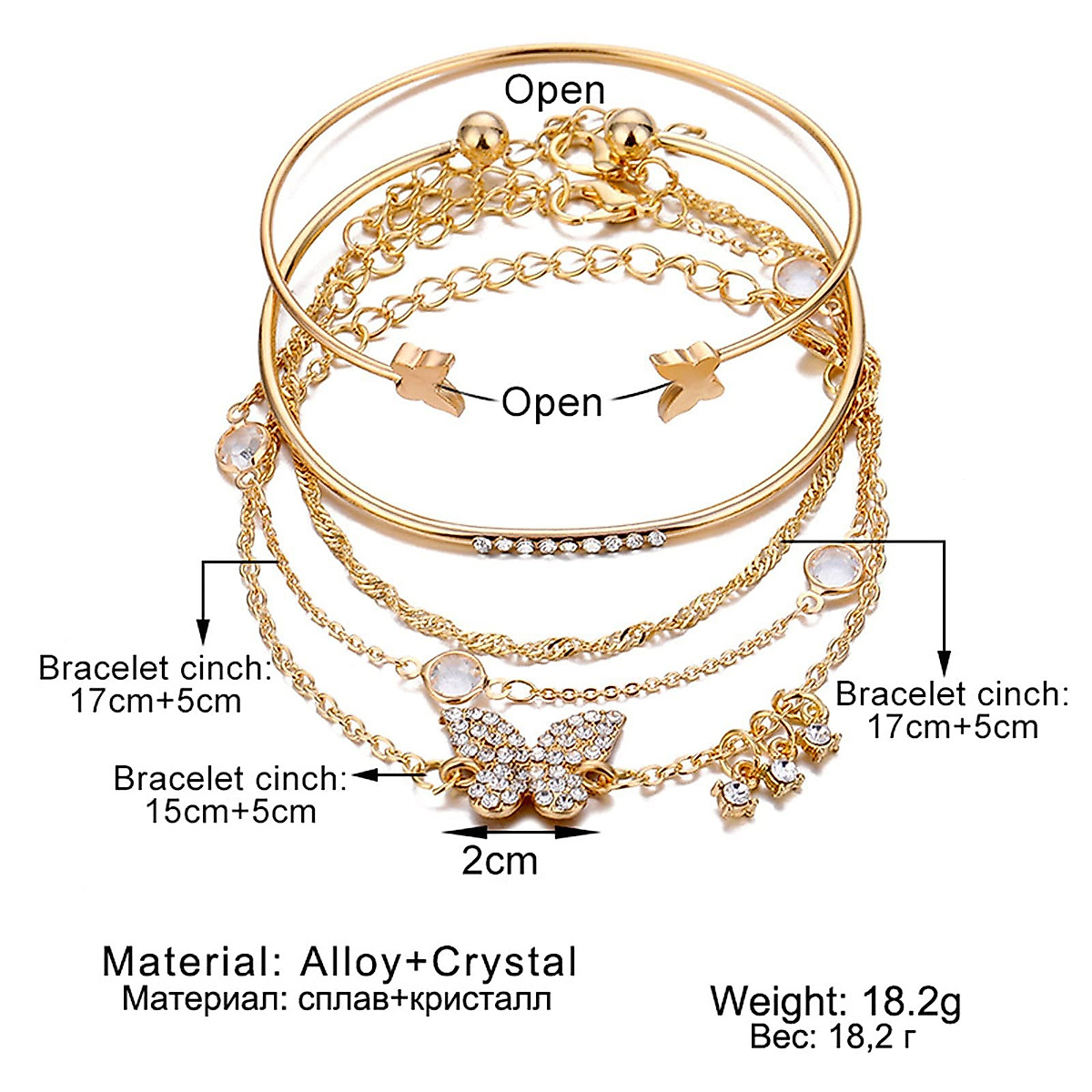 Fuqimanman2020 Bohemian 5pcs Butterfly Crystal Bangle Set Butterfly Open Bracelet for Women-Gold