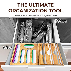 PANDAWOOD 8 IN 1 Storage Bag Organizer for Kitchen Drawer - Bamboo Plastic Bag Organizer - Foil Plastic Wrap Organizer Dispenser with Cutter - Baggie Organizer for Drawer - Sandwich Bag Organizer