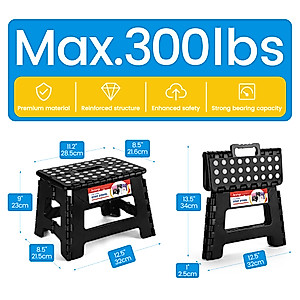 ACSTEP Folding Step Stool 9'' Tall Kids Step Stool Holds Up to 300 lb Plastic Foldable Step Stools for Kids Non-Slip Surface with Carry Handle Collapsible Stool for Home and Outdoor(Black)