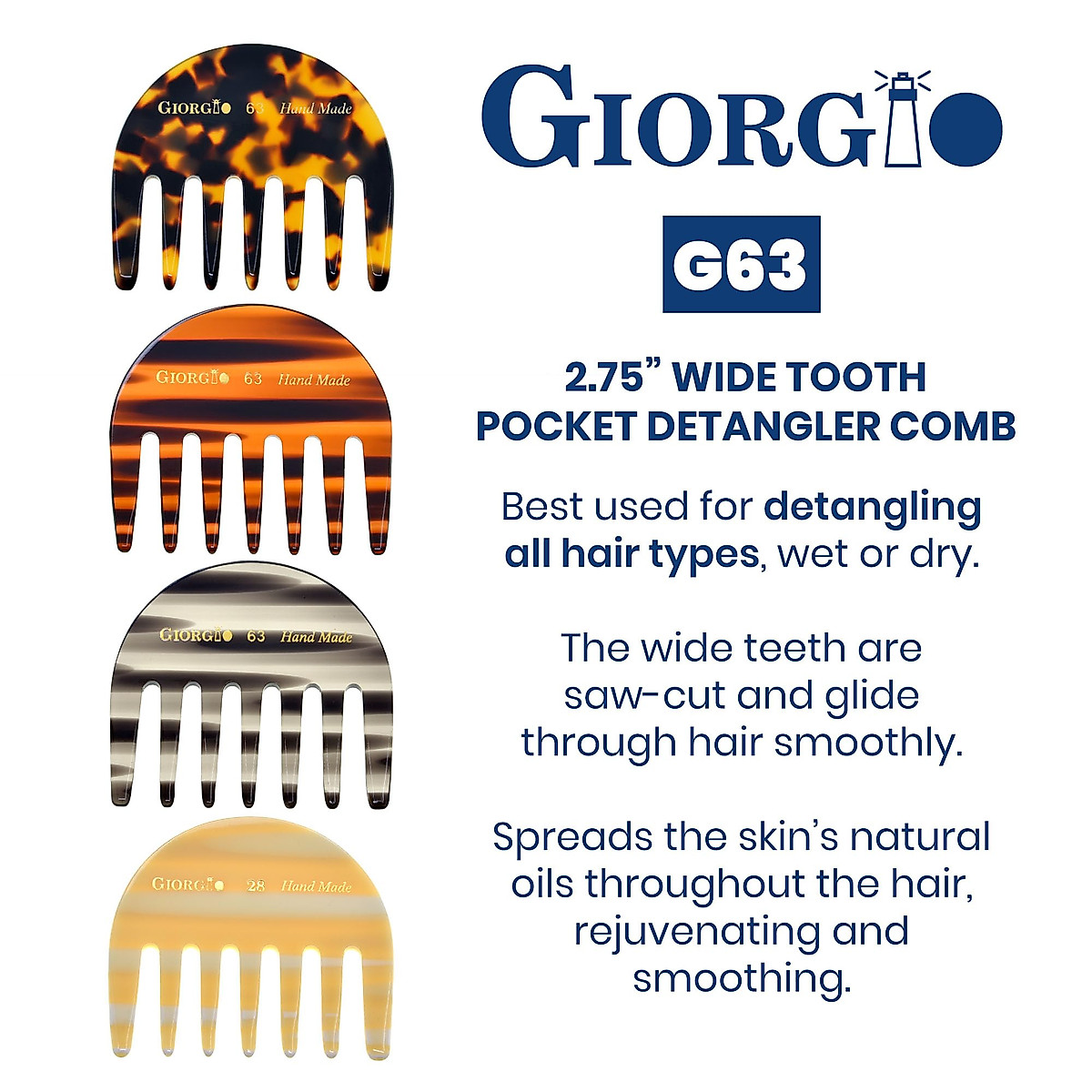 Giorgio G63 Wide Tooth Comb Detangling Comb, Pocket Comb and Travel Comb Wide Tooth Combs for Women for Thick Hair, Hair Detangler Comb For Wet and Dry Everyday Care. Handmade, Saw-Cut, and Polished