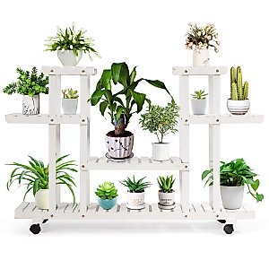 S AFSTAR Wooden Flower Rack with Wheels, 4-Tier Plant Stand, Multifunctional Bonsai Display Shelf for Living Room Balcony Patio Yard (White)
