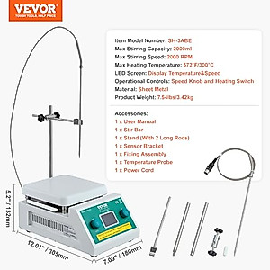 VEVOR Magnetic Stirrer Hot Plate, 500W Heating Power 2000ml Lab Stirrer 572°F/300°C 200-2000 RPM Digital Magnetic Stirrer with 7" Ceramic Coated Heating Plate Magnetic Mixing