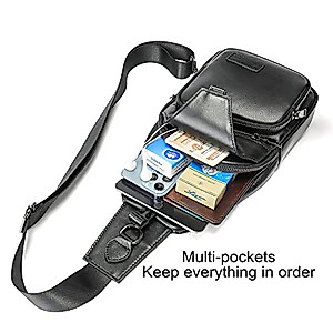 Genuine Leather Sling Bag, Metal Buckle Crossbody Bags Shoulder Cross Chest Pack Small Travel Backpack for Men and Women Black