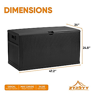 ZYJOYY 120 Gallon Resin Deck Box, Weatherproof Outdoor Storage Box for Patio, Garden, Pool, and Yard, Lockable Waterproof Bin for Tools, Cushions, and Accessories, Black