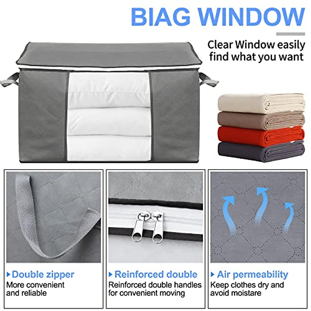 90L Extra Large storage bag ,6 Pack Clothes Storage Bins with lids，durable handle, transparent window, Sturdy Zippers , for closet organizers and storage, Blanket, Comforters, Bed Sheets, Pillows and Toys（gray）